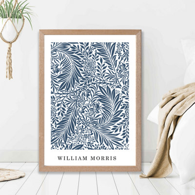 Vintage William Morris Larkspur in Navy and White / Oak Frame / SIZE: A2