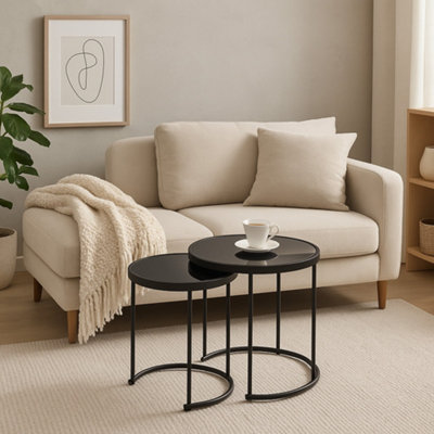 Visio Set of 2 Glass Coffee Table decore Round nest Side Black Brown