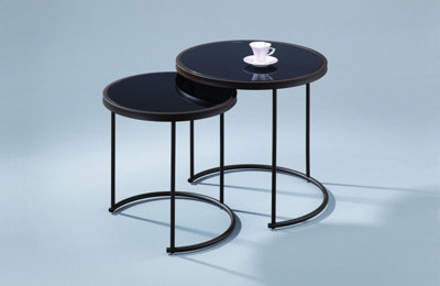 Visio Set of 2 Glass Coffee Table decore Round nest Side Black Brown