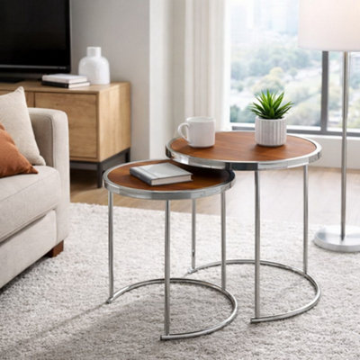 Visio Set of 2 Round Nest Table, Walnut Effect Top,Chrome Base