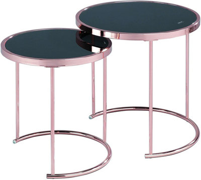 Visio Set of 2 Round Nesting Table-Black Glass Top/Copper Frame