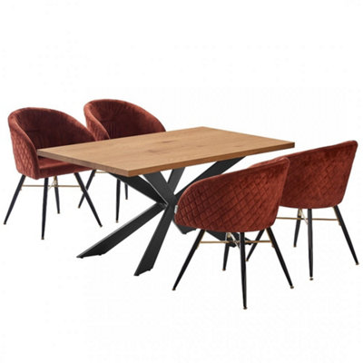 Vittorio Duke Oak LUX Dining Set with 4 Rust Velvet Chairs