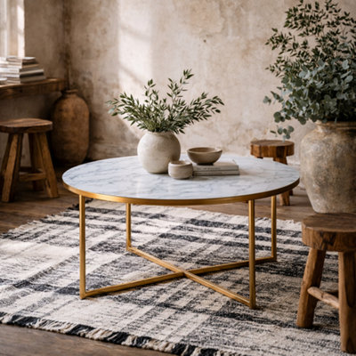 Vodskov Round Coffee Table, White Marble-Effect Glass Top with Gold ...