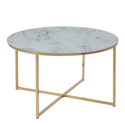 Vodskov Round Coffee Table, White Marble-Effect Glass Top with Gold ...