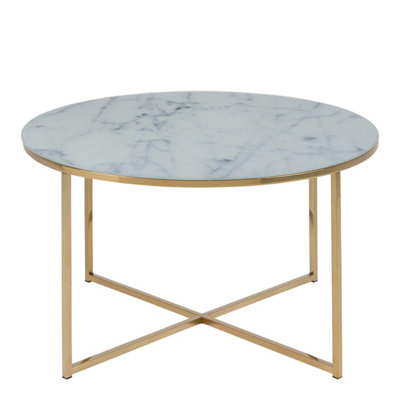 Vodskov Round Coffee Table, White Marble-Effect Glass Top with Gold ...