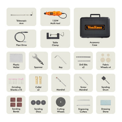 VonHaus 135W Rotary Multi Tool Set, 40Pcs Accessories Kit with Stand ...