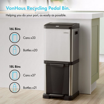 VonHaus 34L Waste & Recycling Kitchen Bin, Vertical Stainless Steel 2 ...