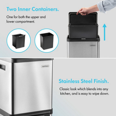 VonHaus 34L Waste & Recycling Kitchen Bin, Vertical Stainless Steel 2 ...