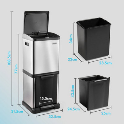VonHaus 34L Waste & Recycling Kitchen Bin, Vertical Stainless Steel 2 ...