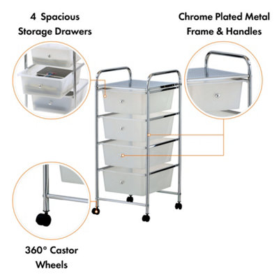 VonHaus 4 Drawer Storage Trolley, White Wheeled Trolley with Plastic ...