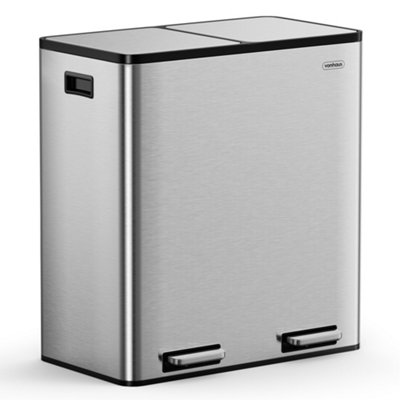 VonHaus 60L Waste & Recycling Kitchen Bin, 2 x 30L Compartment Stainless Steel Pedal Bin w/ Non ...