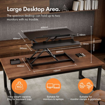 VonHaus Adjustable Black Standing Desk Converter 2 Tier Sit Stand Desk Riser Stand up Desk For