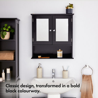VonHaus Bathroom Mirror Cabinet Black Bathroom Wall Cabinet 2 Door Bathroom Cabinet Bathroom Storage w Shelves