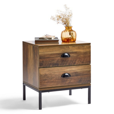 VonHaus Bedside Table Dark Wood Effect Side Table 2 Drawer Nightstand w Black Handles Legs