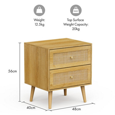 VonHaus Bedside Table for Bedroom, Scandi Natural Rattan 2 Drawer Nightstand, Side Table for ...