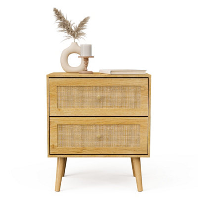 VonHaus Bedside Table for Bedroom, Scandi Natural Rattan 2 Drawer Nightstand, Side Table for ...