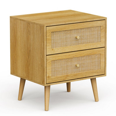 VonHaus Bedside Table for Bedroom, Scandi Natural Rattan 2 Drawer Nightstand, Side Table for ...