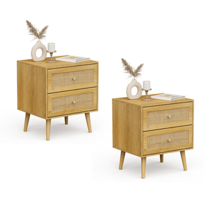 VonHaus Bedside Tables Set of 2 for Bedroom, Scandi Natural Rattan 2 ...