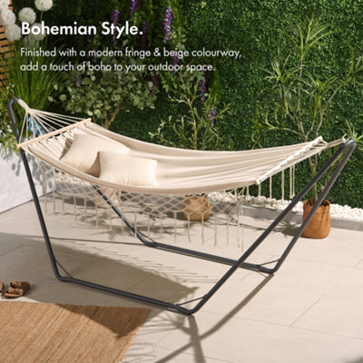 VonHaus Boho Fringe Hammock With Frame, Beige 1 Seater Garden Hammock ...