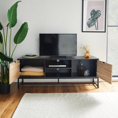 VonHaus Chevron TV Unit for 65 Inch TV, Black TV Cabinet Light Wood ...