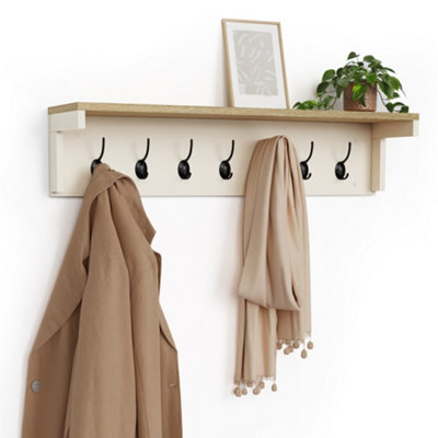 VonHaus Coat Hooks Wall Mounted, Cream Coat Rack with Shelf & 7 Strong ...