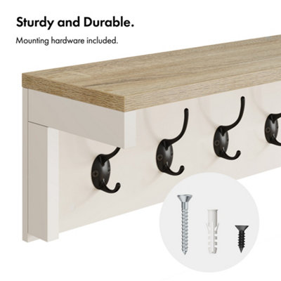 VonHaus Coat Hooks Wall Mounted, Cream Coat Rack with Shelf & 7 Strong ...