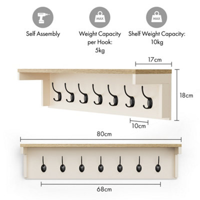 VonHaus Coat Hooks Wall Mounted, Cream Coat Rack with Shelf & 7 Strong ...