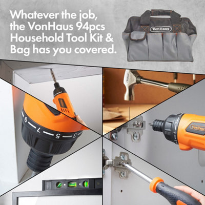 VonHaus Cordless Hand Drill and Household Tool Kit - 94pc Tool Kit for ...