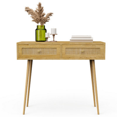 VonHaus Dressing Table with Rattan Drawers Bedroom Vanity Storage for Makeup Computer Desk for Office Console