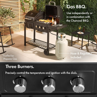 VonHaus Dual Fuel BBQ, 2 in 1 Charcoal & Gas Barbecue with Warming Rack, Fold Shelf, Temperature ...
