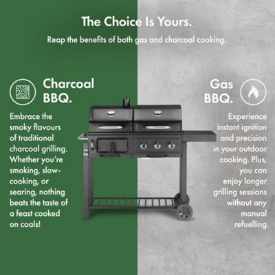 VonHaus Dual Fuel BBQ, 2 in 1 Charcoal & Gas Barbecue with Warming Rack, Fold Shelf, Temperature ...