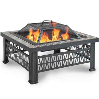 VonHaus Fire Pit Bowl, Square Geo Firepit with Grey Tiled Edge, Spark ...