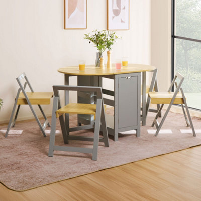 VonHaus Foldable Table and Chairs Set 4 Grey Dining Room Set with Drop Leaf Table