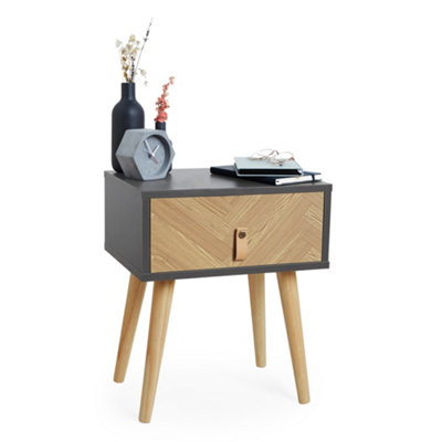 VonHaus Herringbone Bedside Table, Grey & Light Wood Effect Nightstand, Scandi Bedside Cabinet ...
