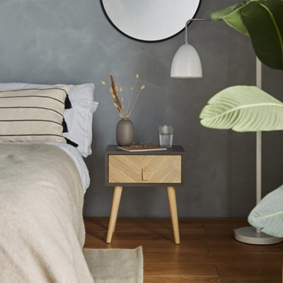 VonHaus Herringbone Bedside Table, Grey & Light Wood Effect Nightstand, Scandi Bedside Cabinet ...