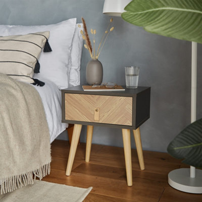 VonHaus Herringbone Bedside Table, Grey & Light Wood Effect Nightstand, Scandi Bedside Cabinet ...