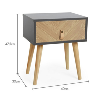 VonHaus Herringbone Bedside Table, Grey & Light Wood Effect Nightstand, Scandi Bedside Cabinet ...