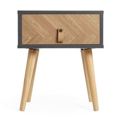 VonHaus Herringbone Bedside Table, Grey & Light Wood Effect Nightstand, Scandi Bedside Cabinet ...
