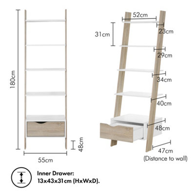VONHAUS LADDER BOOKCASE, SCANDINAVIAN STYLE, WHITE & LIGHT OAK EFFECT ...