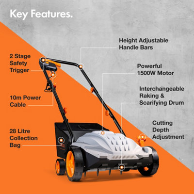 VonHaus Lawn Scarifier Aerator Grass Rake Electric 1500W Dethatch Rake Grass Aerates Soil 30L Box