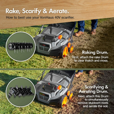 VonHaus Lawn Scarifier Aerator Rake Cordless, 40V Battery 2x 20V, Dual Charger, 45L Collection ...