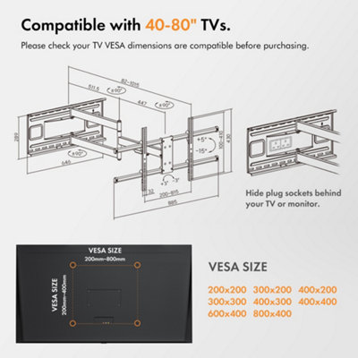 VonHaus Long Reach TV Wall Bracket for 40-80" Screens, Articualting TV ...