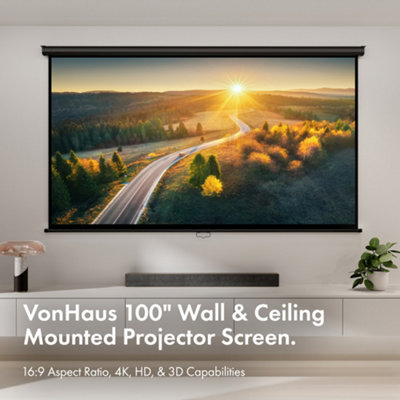 VonHaus Pull Down Projector Screen, 100" Wall Mounted HD Home Cinema ...