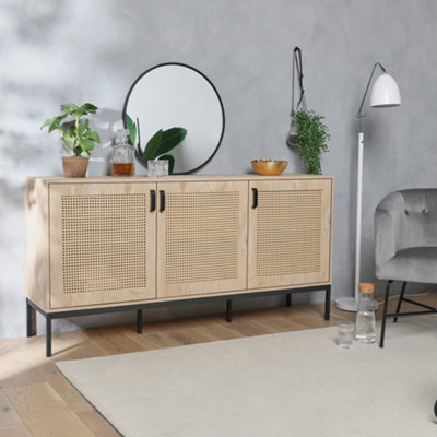 VonHaus Rattan Sideboard, 3 Door Storage Cabinet for Living Room, Light ...