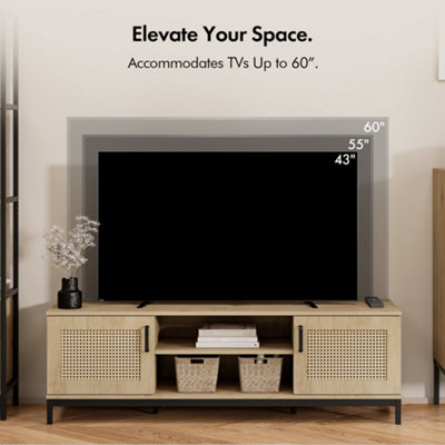 VonHaus Rattan TV Unit - Light Wood Wicker TV Cabinet - 2 Storage ...