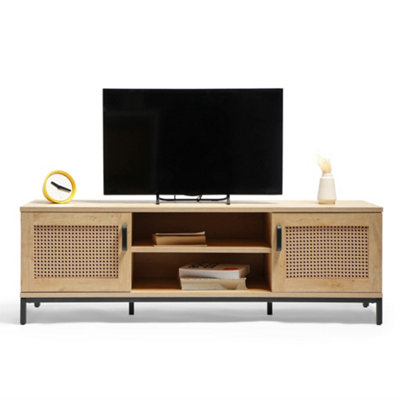 VonHaus Rattan TV Unit Light Wood Wicker TV Cabinet 2 Storage Cupboards 2 Open Shelves Entertainment Unit Max. 60 TV