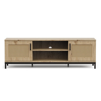 VonHaus Rattan TV Unit - Light Wood Wicker TV Cabinet - 2 Storage ...