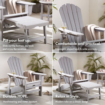 VonHaus Set of 2 Grey Adirondack Chair & Folding Foot Stool, Water ...