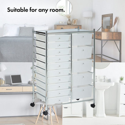 VonHaus Storage Trolley, 15 Drawer White Wheeled Makeup Trolley Chrome ...