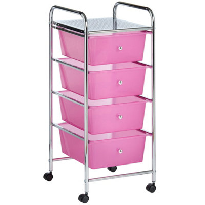 Vonhaus Storage Trolley 4 Drawer Pink Wheeled Makeup Trolley Durable